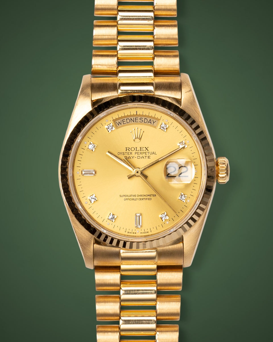 Rolex DayDate 18038 Champagne Diamond Dial 8.4m Serial 18k YG 1984 ...