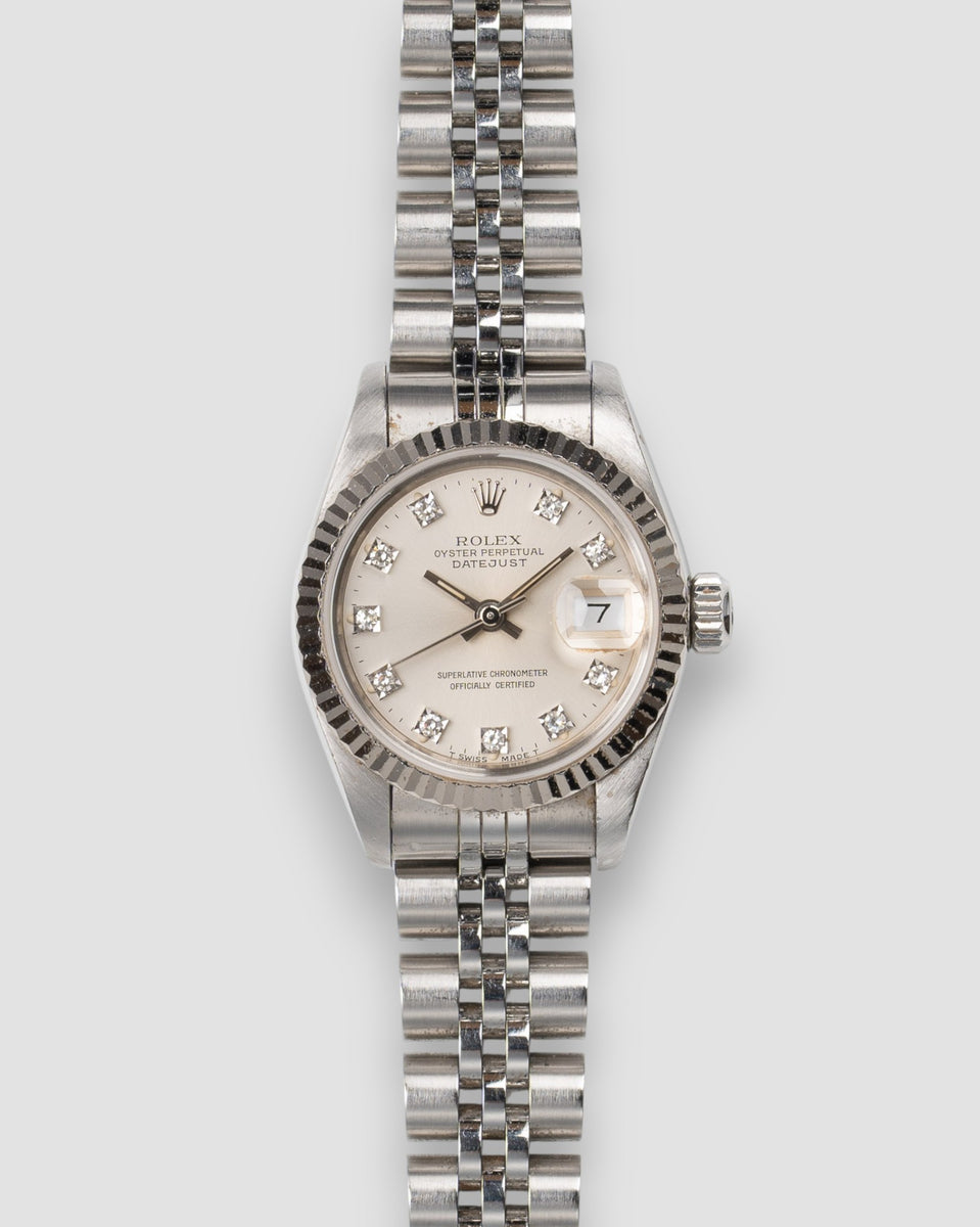 Rolex Mini Datejust 26mm 69174G Silver Diamond Dial 18k Fluted Bezel ...
