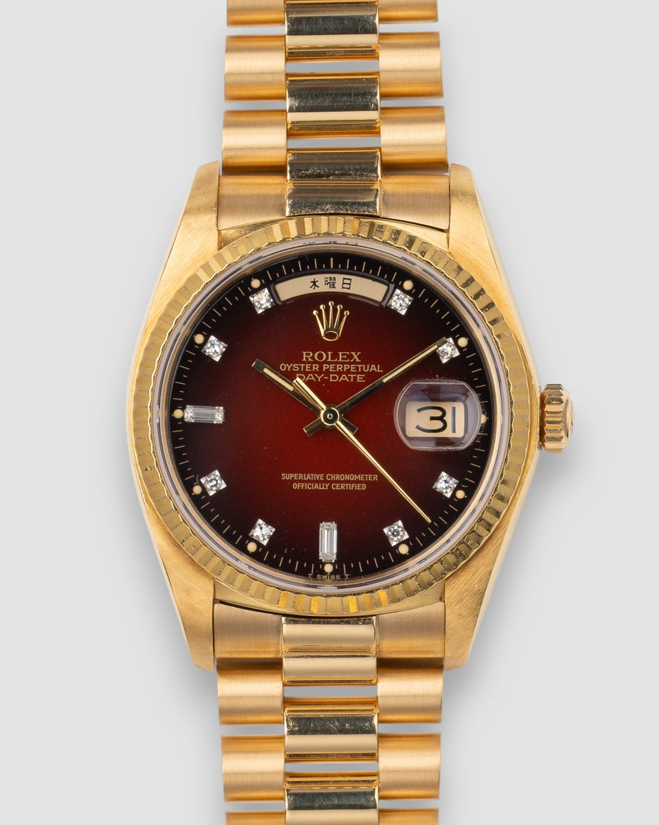 Rolex Day Date 18038 Red Vignette Diamond Dial Japan Kanji Day Wheel ...