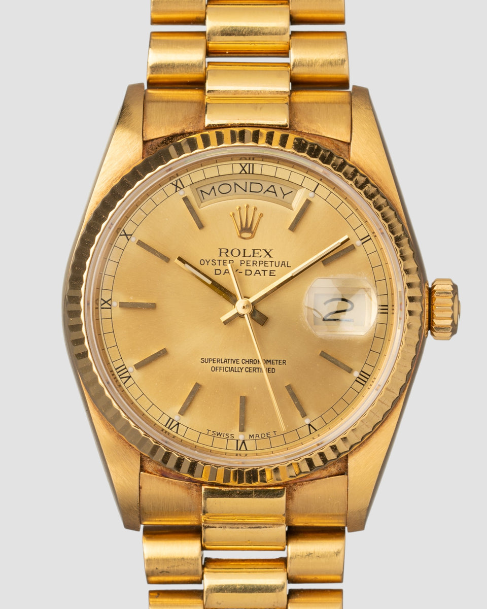 Rolex Day Date 18038 Champagne Sunburst Dial 18k YG 9.8m Serial 1987 ...